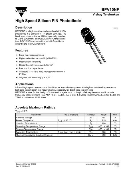 BPV10NF High Speed Silicon PIN Photodiode