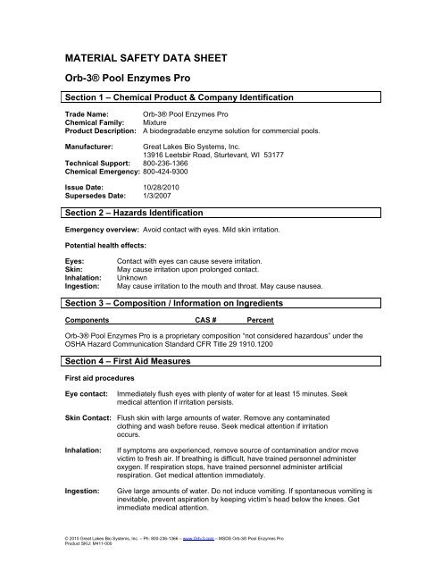 Orb-3 Pool Enzymes Pro MSDS - Great Lakes Bio