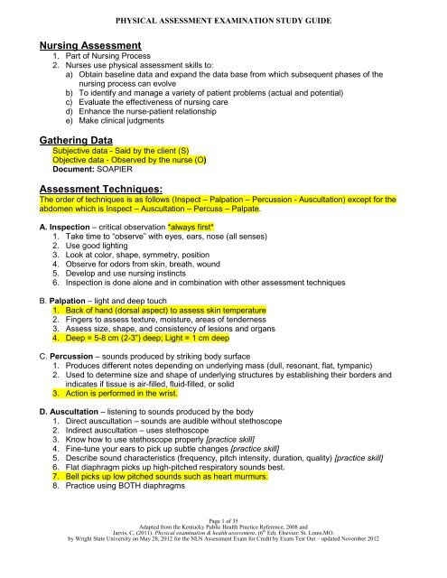 Physical Assessment Exam Study Guide