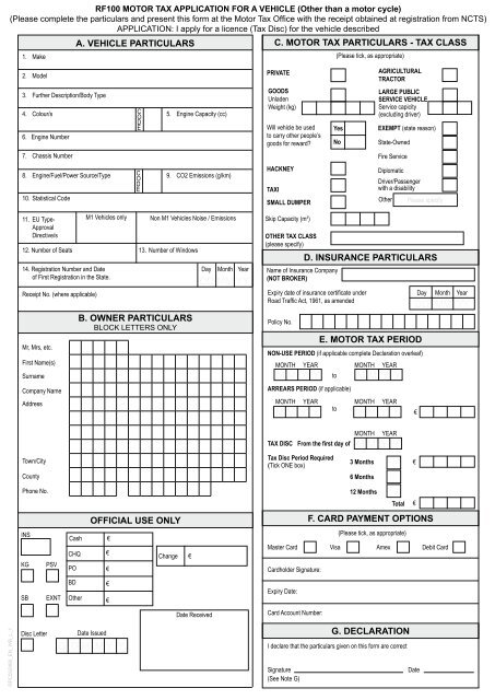 RF100 Motor Tax Application for a Vehicle - Revenue Commissioners