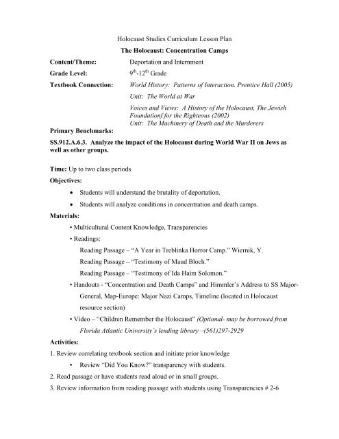 Tenth Grade Holocaust Studies Curriculum Lesson Plan