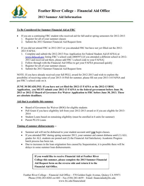 Summer 2013 Financial Aid Request Form - Feather River College