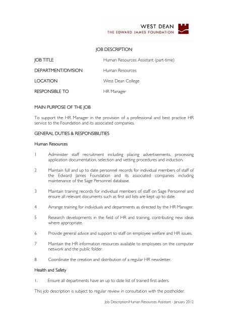 JOB DESCRIPTION JOB TITLE Human Resources Assistant (part ...