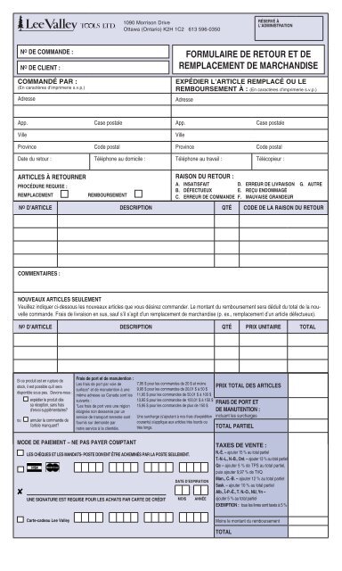 FORMULAIRE DE RETOUR ET DE ... - Lee Valley Tools