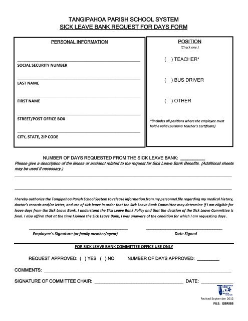tangipahoa parish school system sick leave bank request for days form