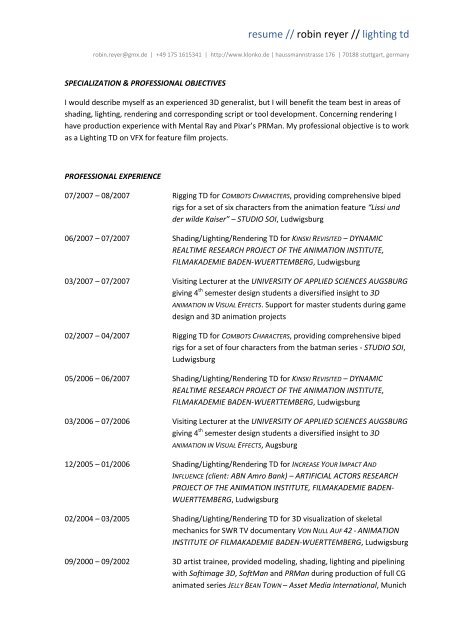 resume // robin reyer // lighting td