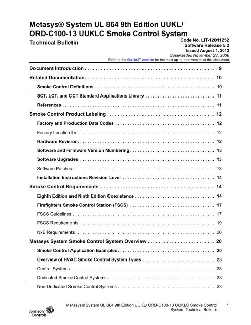 Metasys® System UL 864 9th Edition UUKL - Johnson Controls ...