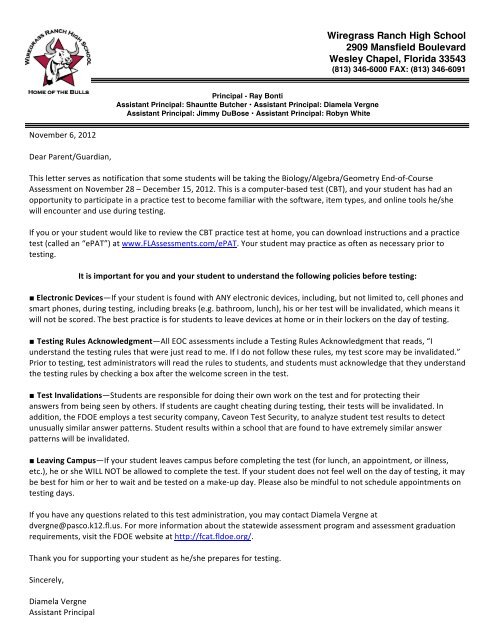 End Of Course Parent Letter - Wiregrass Ranch High School