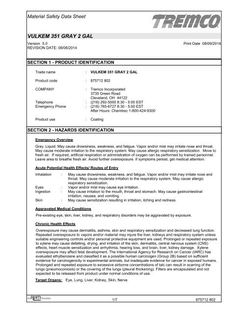 Vulkem 351 LV Gray MSDS - Tremco Sealants