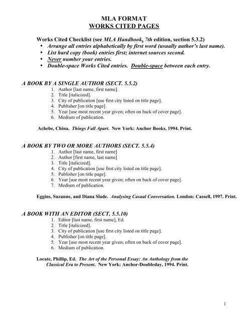 MLA FORMAT WORKS CITED PAGES