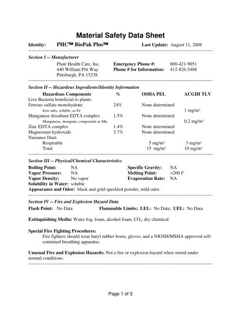 PHC BioPak Plus MSDS (PDF)