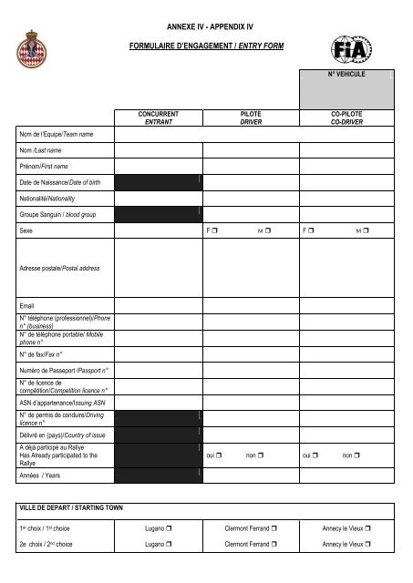 annexe iv - appendix iv formulaire d'engagement / entry form