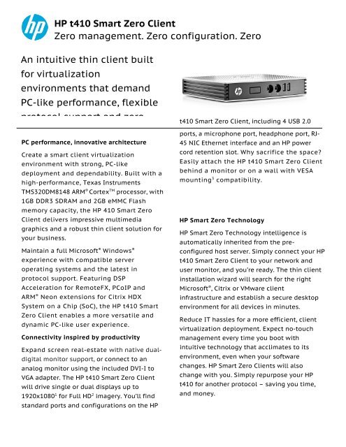 HP t410 Smart Zero Client Zero management. Zero ... - A-TRAC