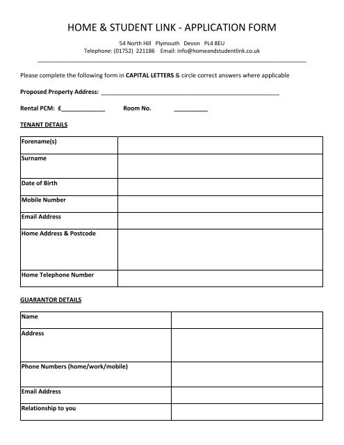 home & student link - application form - Student Accommodation ...