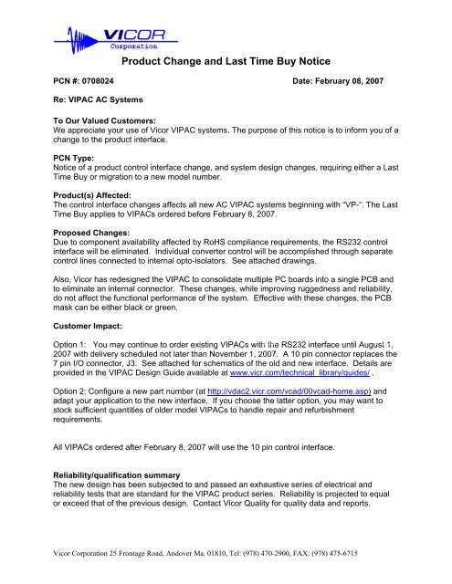 PCN – Product Change Notice - Vicor