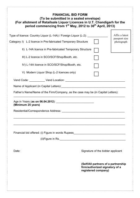 FINANCIAL BID FORM (To be submitted in a sealed ... - Chandigarh