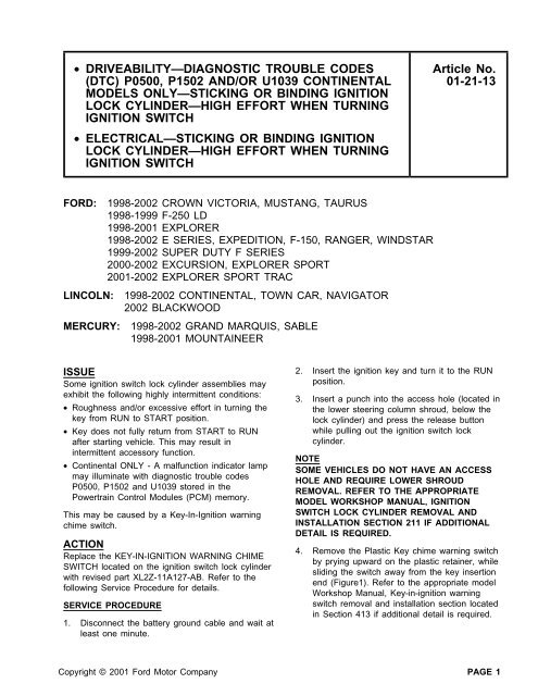 DRIVEABILITY—DIAGNOSTIC TROUBLE CODES Article No. (DTC ...