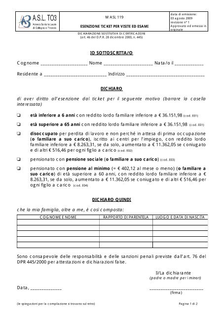 IO SOTTOSCRITTA/O Cognome Nome - ASL TO3