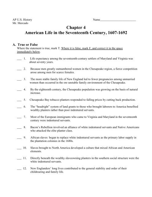 Chapter 4 American Life in the Seventeenth Century, 1607 ... - Main