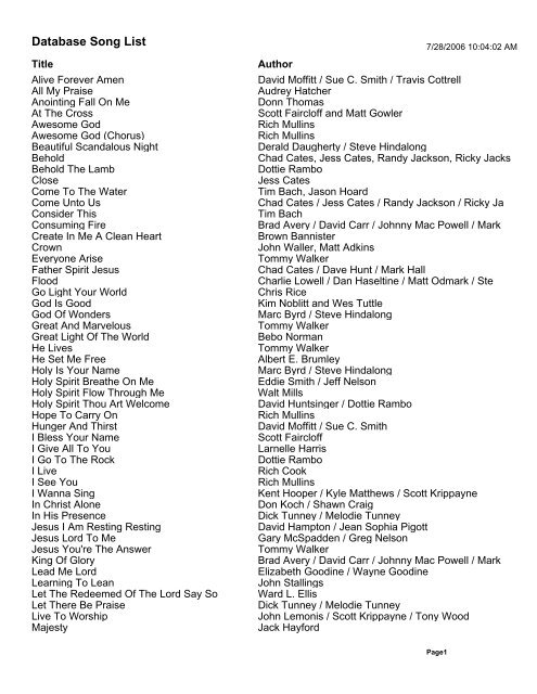Database Song List - EasyWorship