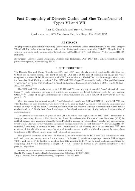 Fast Computing of Discrete Cosine and Sine ... - Yuriy A. Reznik