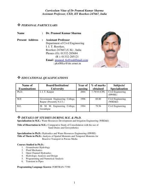 Curriculum Vitae of Dr Pramod Kumar Sharma Assistant Professor ... Curriculum Vitae of Dr Pramod Kumar Sharma Assistant Professor ...