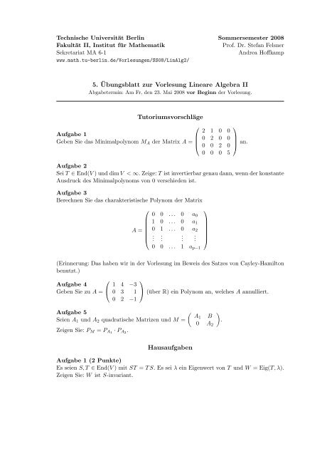 5. ¨Ubungsblatt zur Vorlesung Lineare Algebra II ... 5. ¨Ubungsblatt zur Vorlesung Lineare Algebra II ...