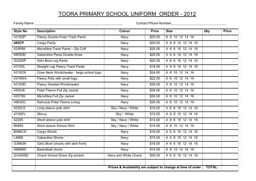 School Uniform - Basic items Order Form