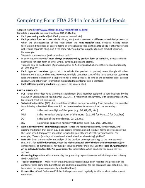 Completing Form FDA 2541a for Acidified Foods