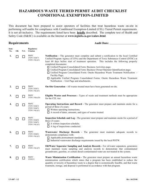 Tiered Permit Audit Checklist: CEL - Unidocs