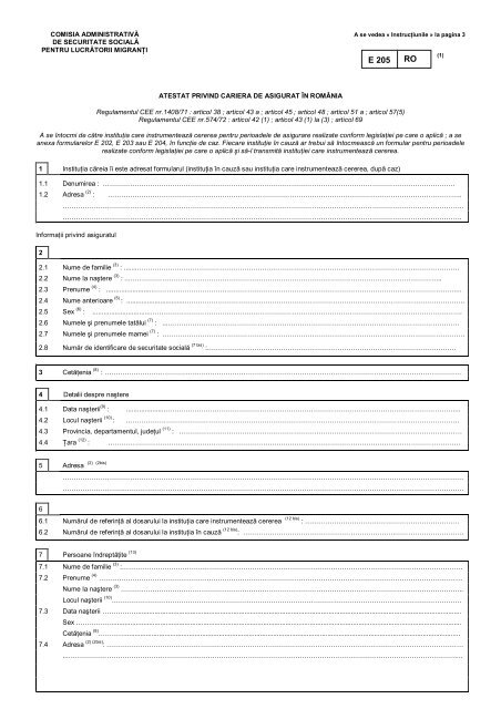 Formular E 205 RO - Atestat privind cariera de asigurat in Romania