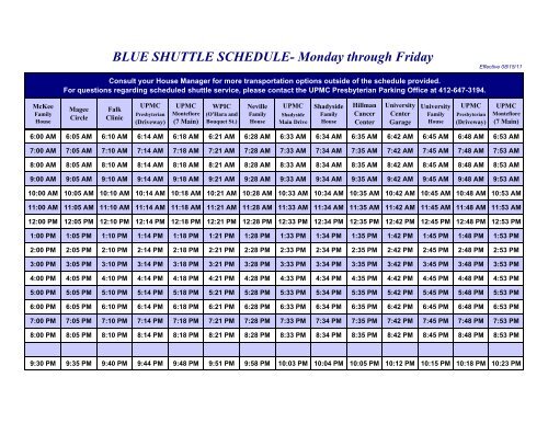 BLUE SHUTTLE SCHEDULE- Monday through Friday - Family House
