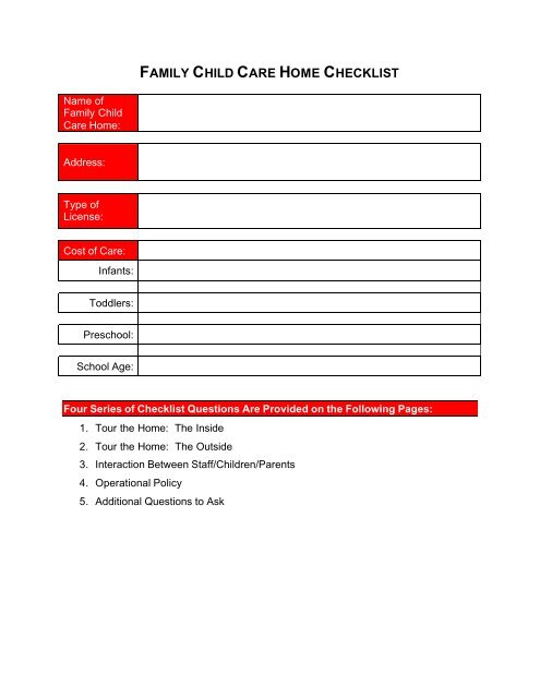 FAMILY CHILD CARE HOME CHECKLIST