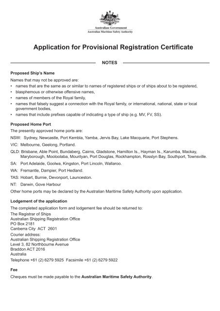 Application for Provisional Registration Certificate - Australian ...