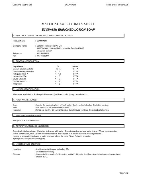 ecowash enriched lotion soap material safety data sheet