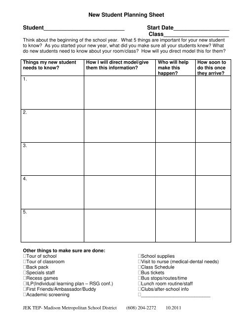 New Student Planning Sheet
