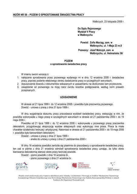 WZÃ R NR 58 â POZEW O SPROSTOWANIE Å WIADECTWA ...