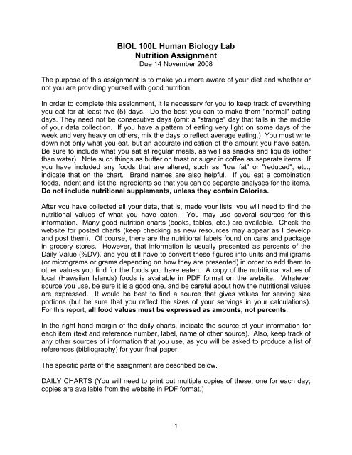 BIOL 100L Human Biology Lab Nutrition Assignment - Dave Krupp's ...