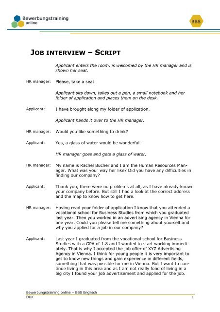 JOB INTERVIEW â SCRIPT - Bewerbungstraining Online