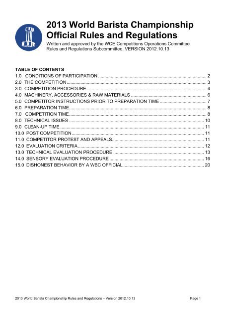 2013 World Barista Championship Official Rules and Regulations