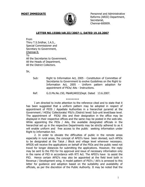Letter No. 15580 Dated 19.10.2007 - Tamil Nadu Government