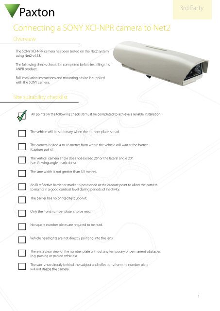 Connecting a SONY XCI-NPR camera to Net2 (ANPR) - Paxton