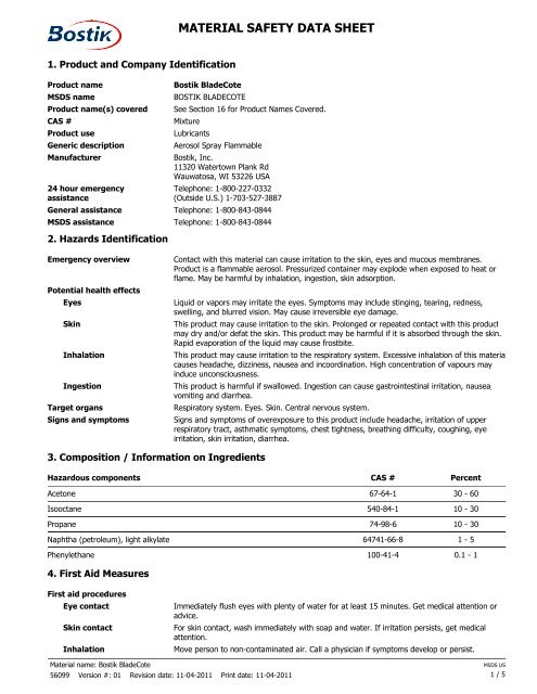 Material Safety Data Sheet for Bladecote - Highland Woodworking