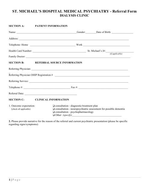 Dialysis Clinic referral form - St. Michael's Hospital