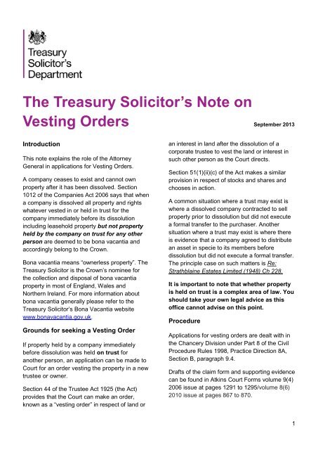 Note on Vesting Orders - Treasury Solicitor's Department