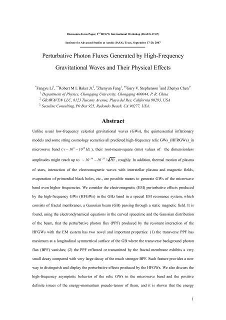 Chinese HFGW Detector by Li, Baker, Fang ... - Gravwave.com