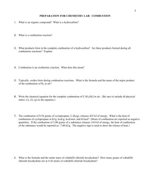 1 PREPARATION FOR CHEMISTRY LAB: COMBUSTION 1. What is ...