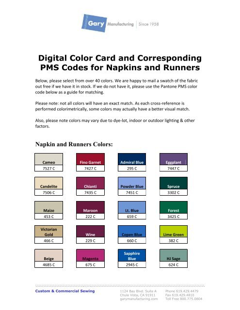 Digital Color Card and Corresponding PMS Codes for Poplin - Gary ...