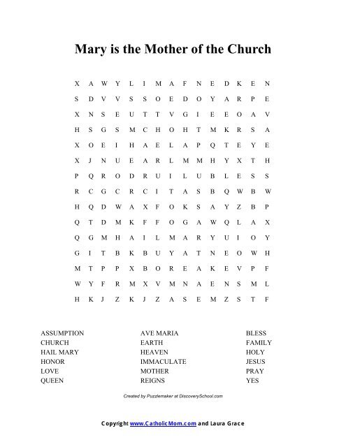 Mary is the Mother of the Church Word Search - Catholic Mom