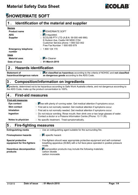 Ecolab -Showermate Soft - msds - Perth Cleaning Supplies
